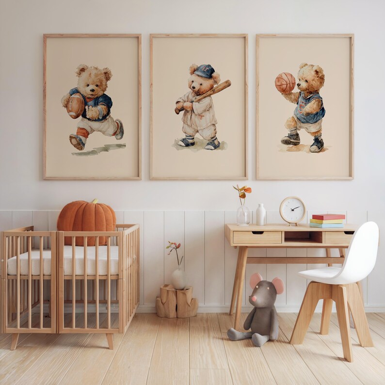 Teddy Bear Sports Wall Art Set of 6, Vintage Printable Watercolor ...