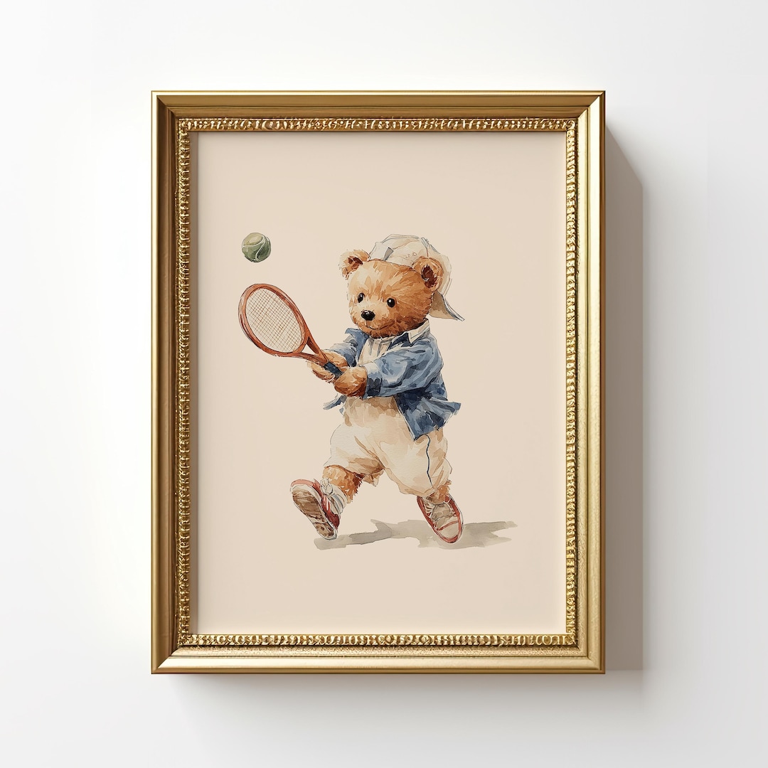 Vintage Tennis Teddy Bear Wall Art, Watercolor Illustration of a Bear ...