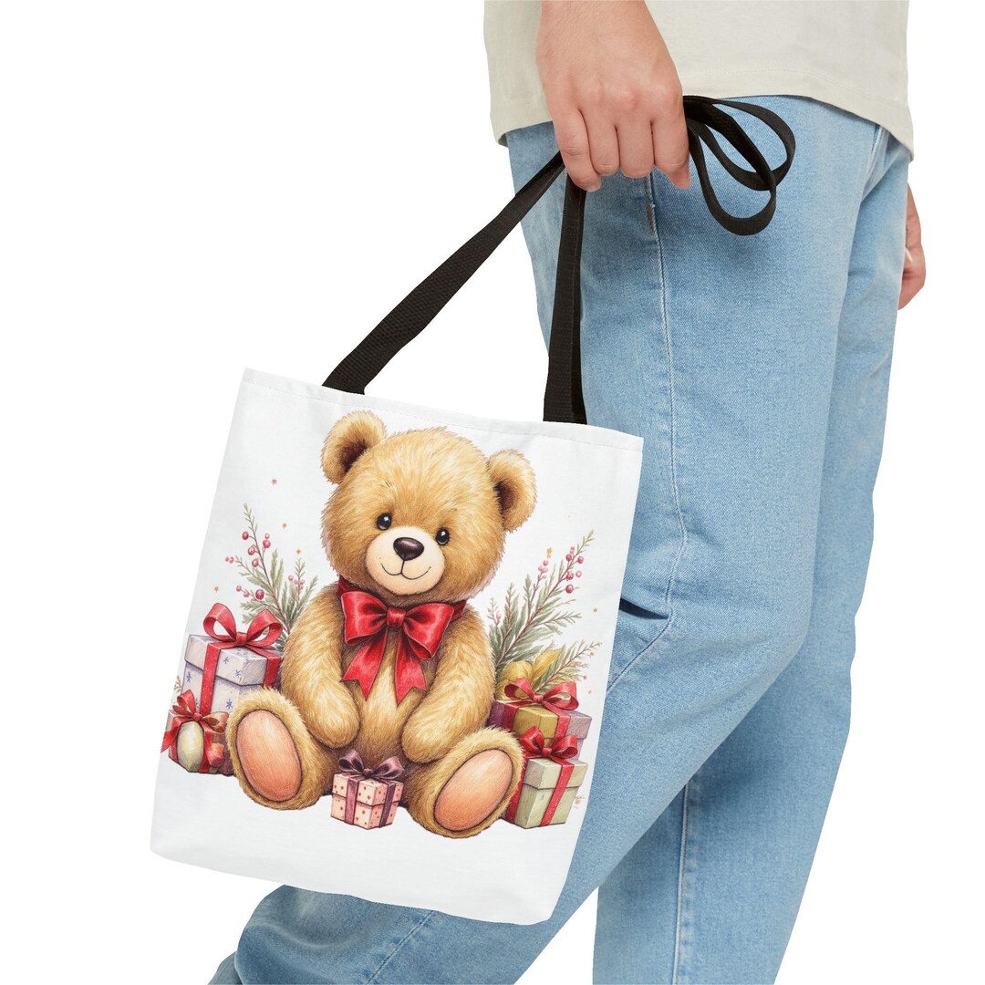 Teddy Bear With Presents Tote Bag | Christmas Holiday Illustration - Etsy