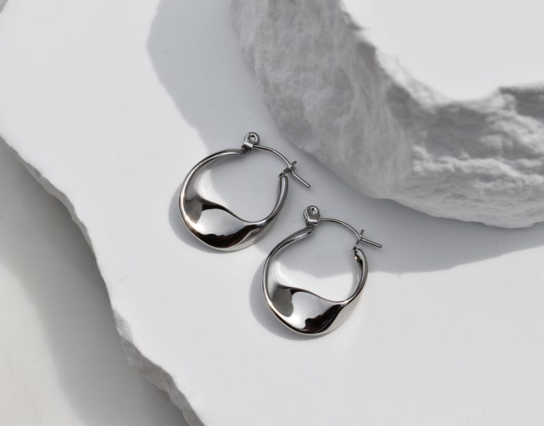 Classic Silver Hoop Earrings ・ Shiny Twisted Smooth Stainless ...