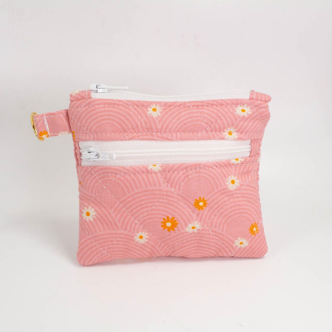 Quilted Coin Purse, Keychain Wallet - Handmade Double Zipper - Coral ...