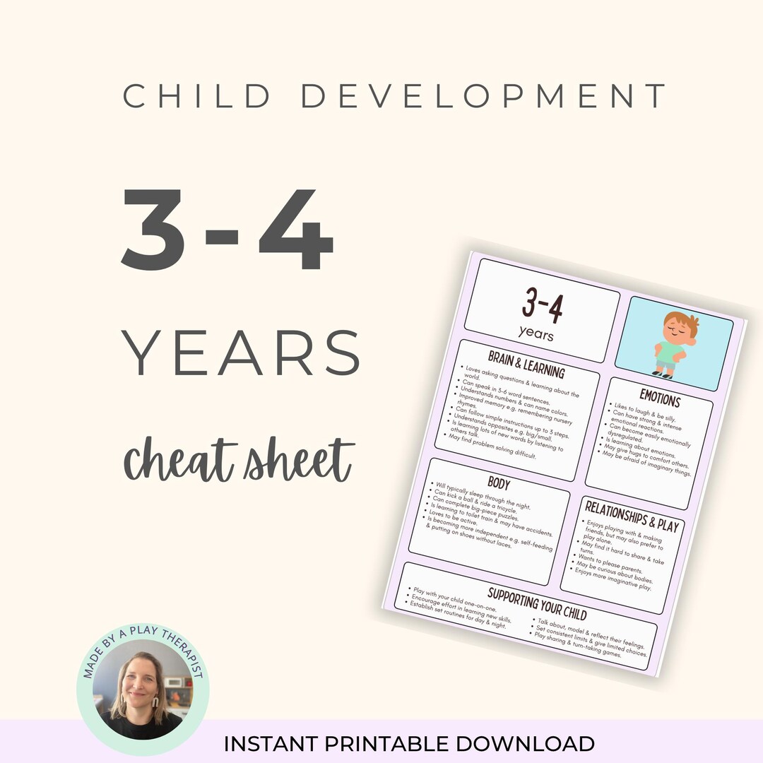 Child Development Ages 3-4 Cheat Sheet: Child Therapy Resource (digital ...