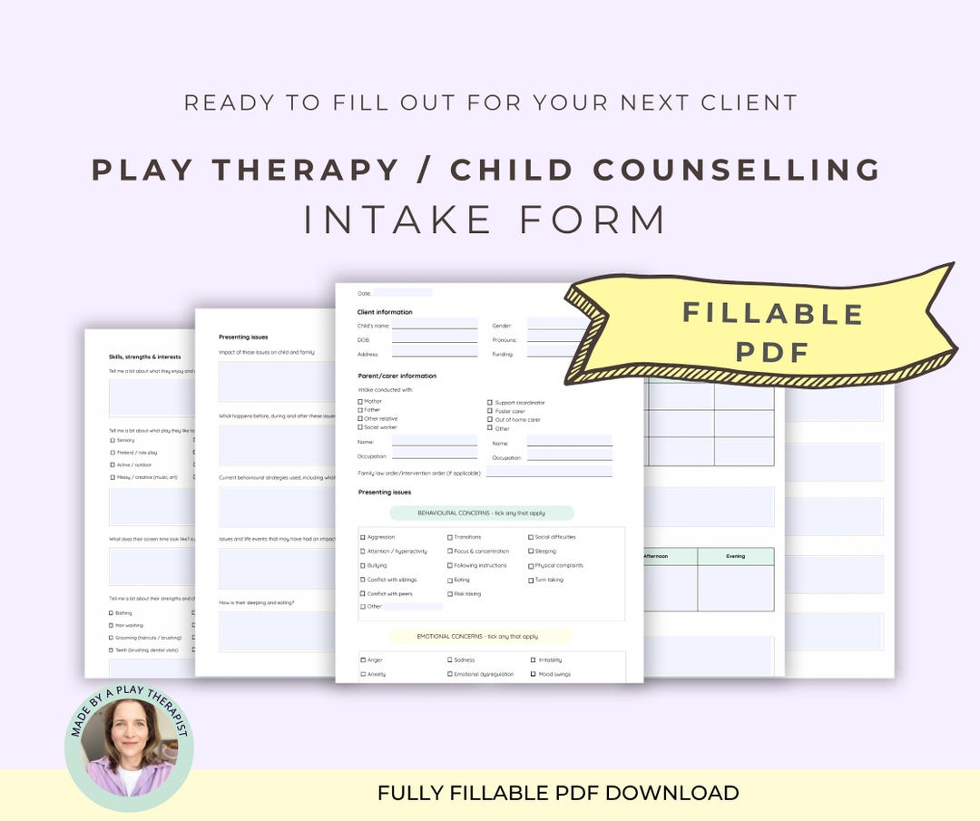 Fillable Play Therapy Intake Form: Child Counseling Forms (fillable PDF ...