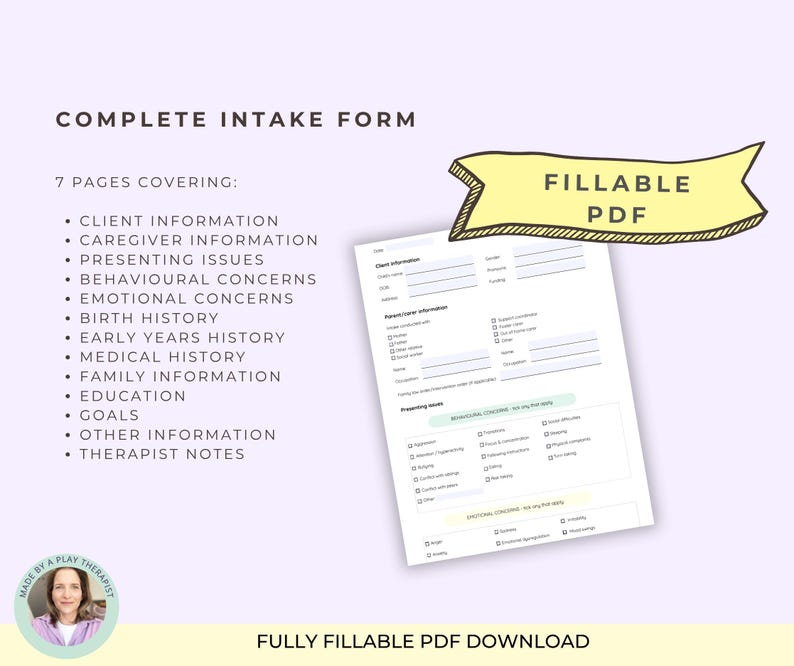 Fillable Play Therapy Intake Form: Child Counseling Forms (fillable PDF ...