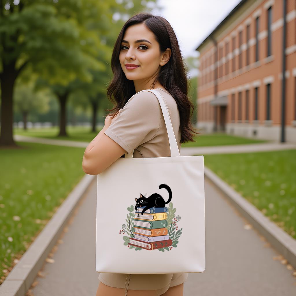 Cat on Books Tote Bag, Cute Book Lover Canvas Style Shopper, Teacher ...