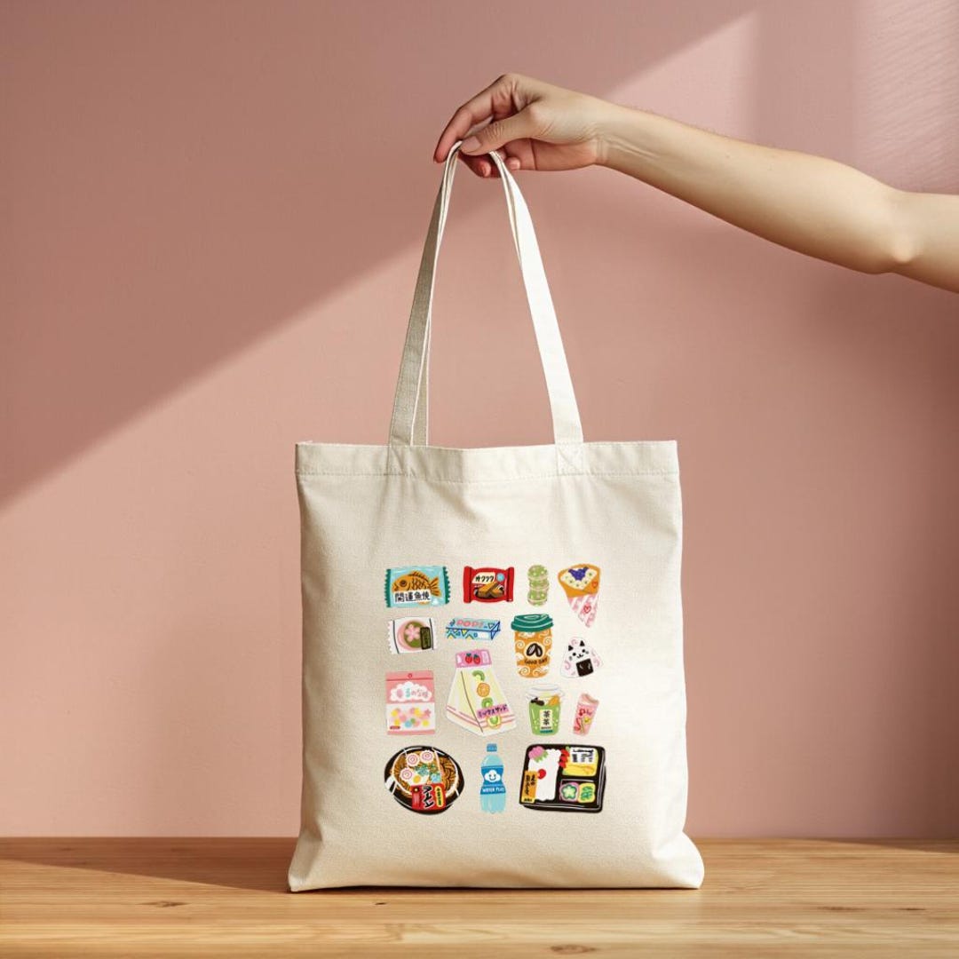 Cute Sticker Collage Tote Bag, Minimal Natural Canvas Style Shopper Bag ...