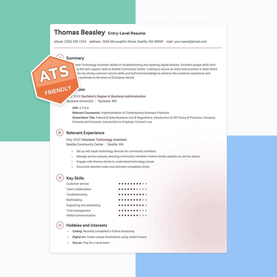 Novice Resume Template, Resume Genius, ATS Friendly Resume, Basic ...