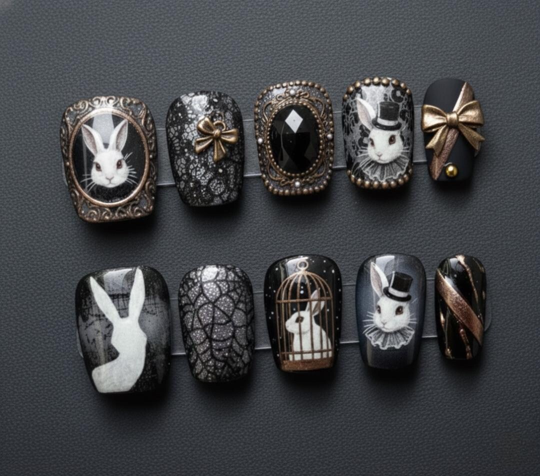 Victorian Rabbit Press on Nails, Black White Gold Stiletto, Gothic ...