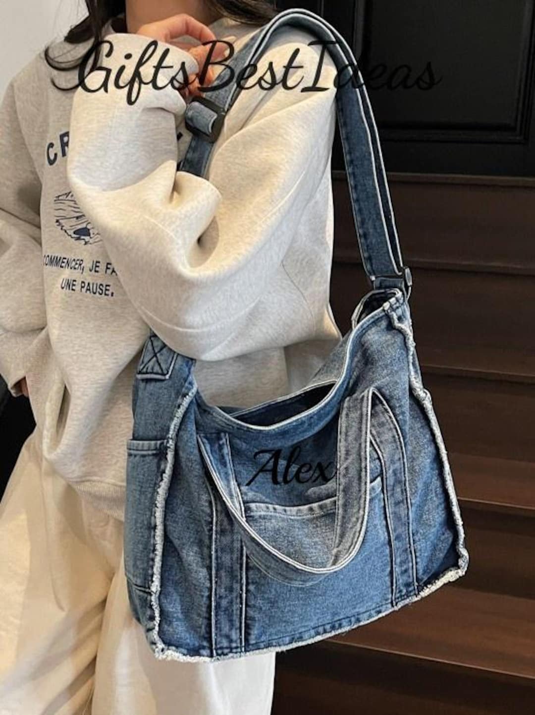 Customized Multi-pocket Denim Crossbody Shoulder Tote Bag, Denim Tote ...