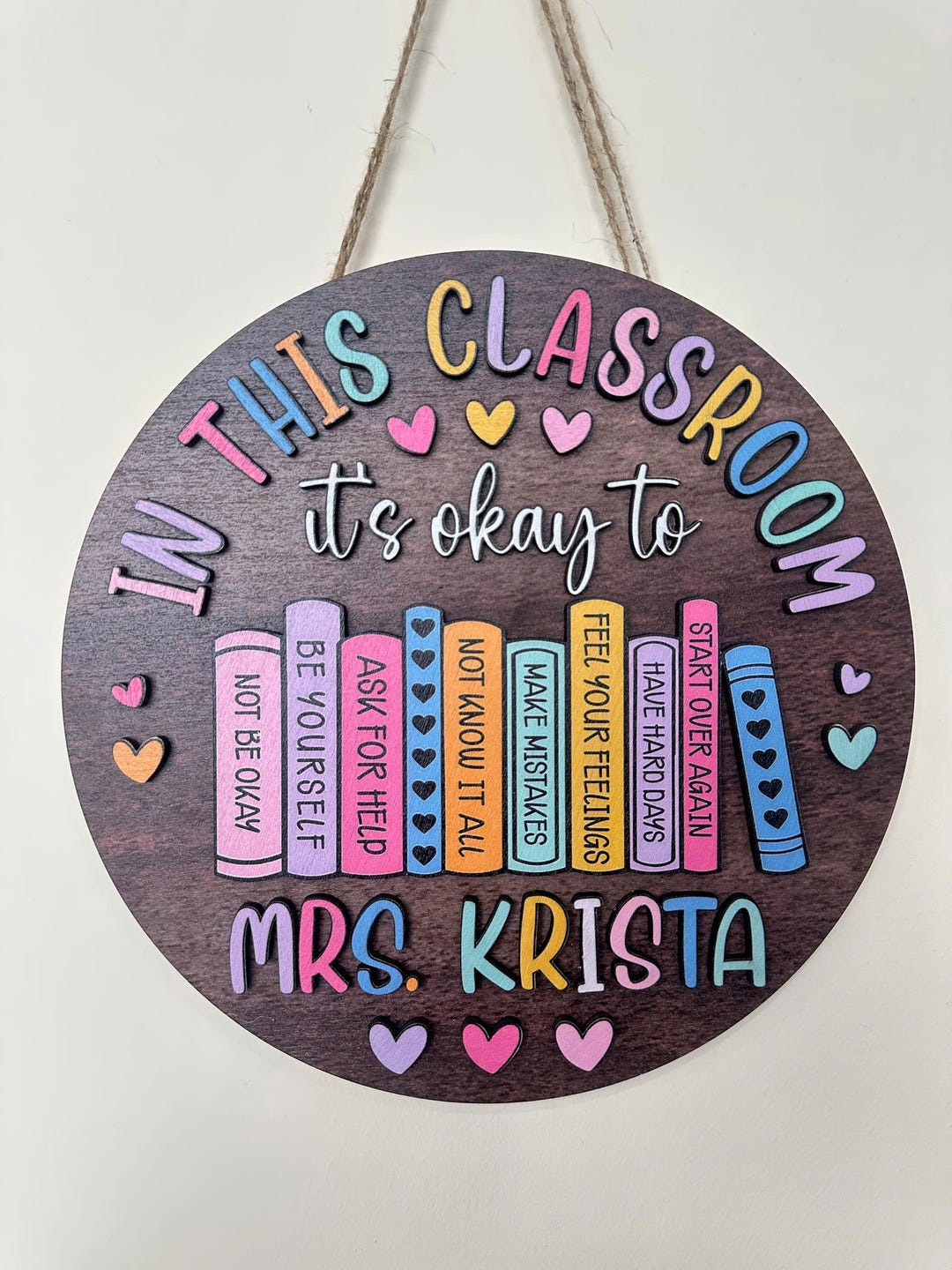 Custom Classroom Door Sign for Teacher, Personalized Round Wooden Sign ...