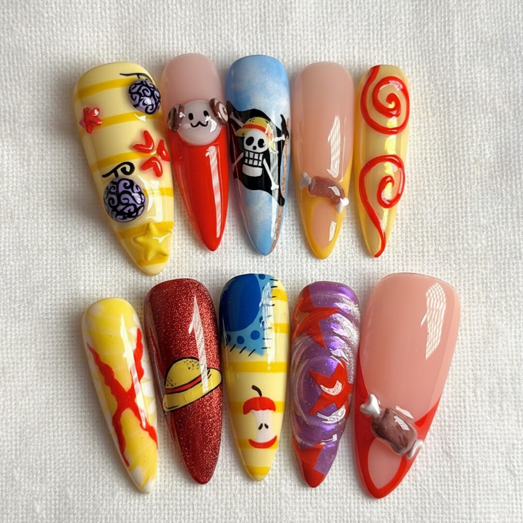 Anime Pirate Press on Nails: 3D Straw Hat Crew Nail Set, Devil Fruit ...
