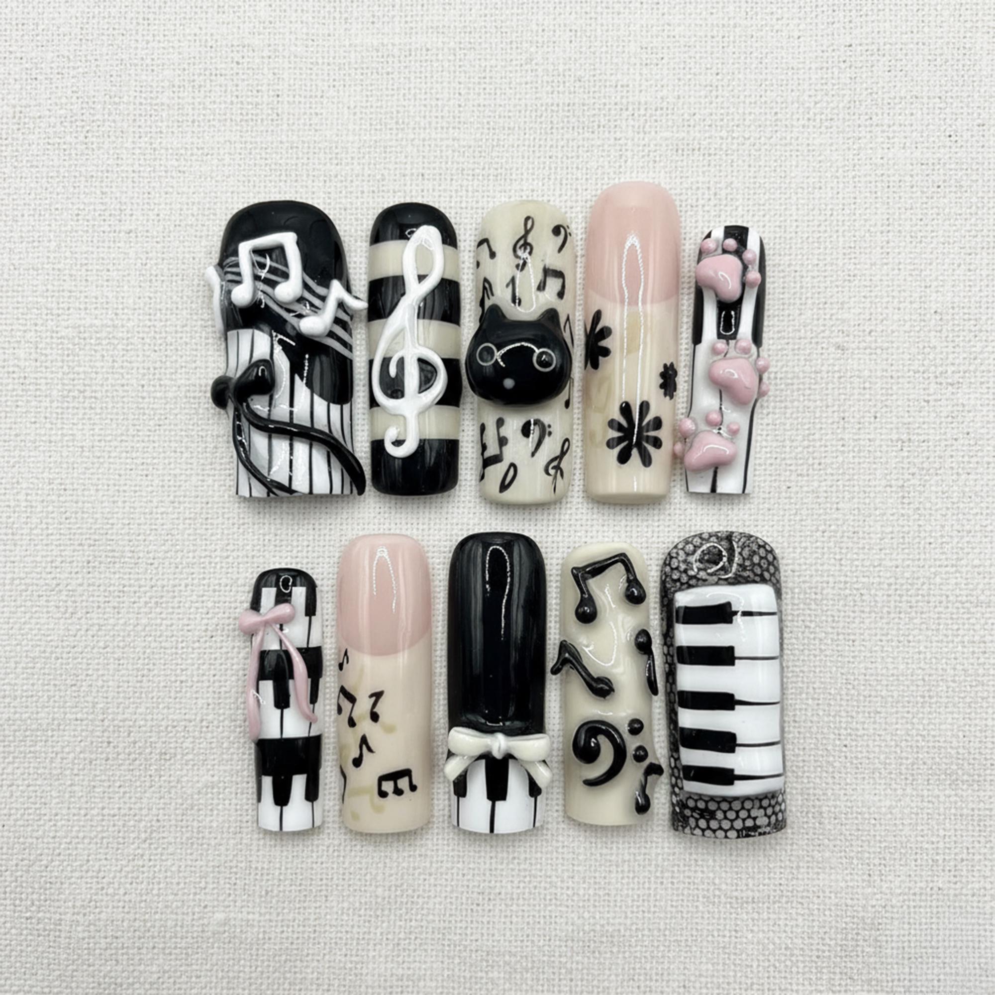Kawaii Coquette Musical Press on Nails: Custom 3D Black Cat, Black ...