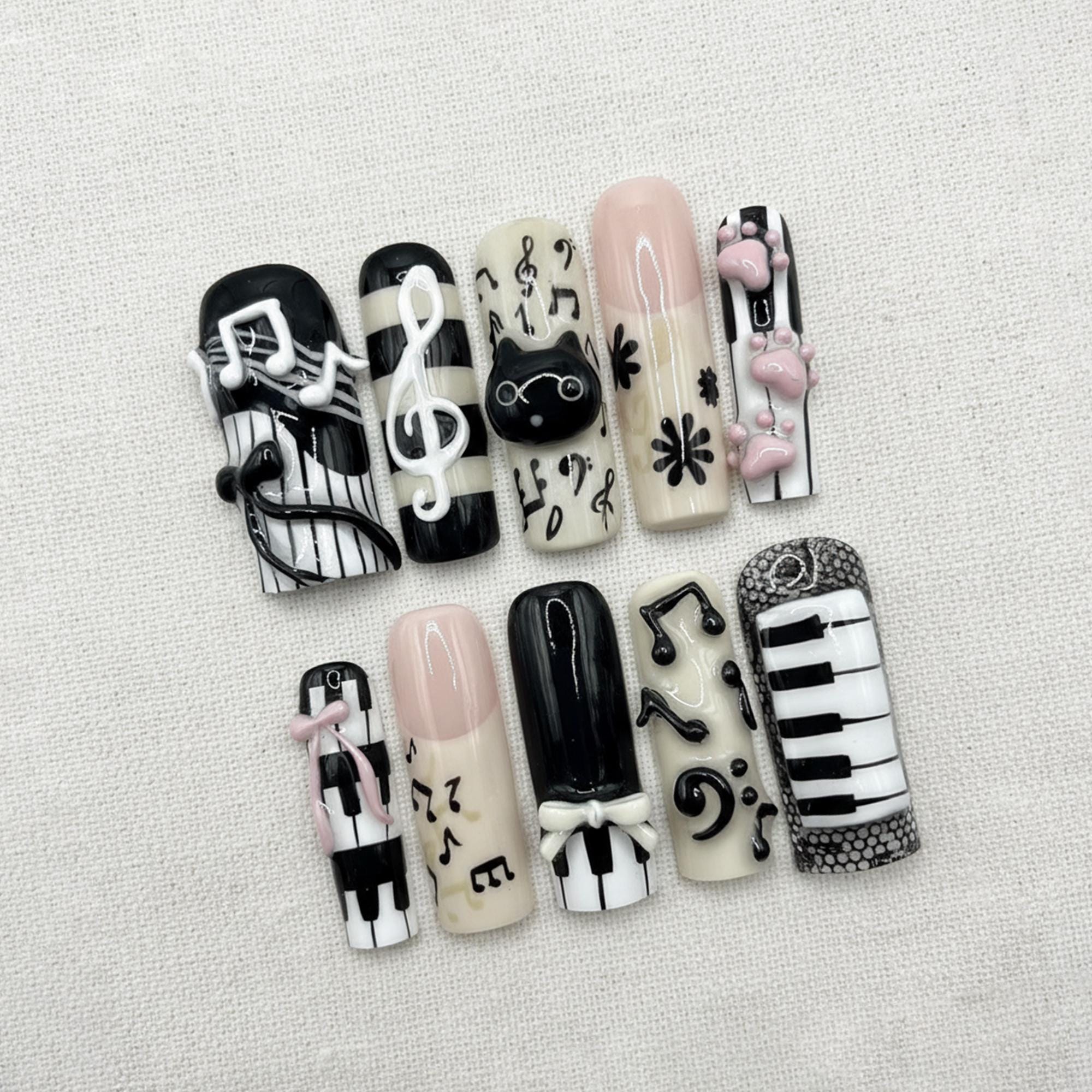 Kawaii Coquette Musical Press on Nails: Custom 3D Black Cat, Black ...