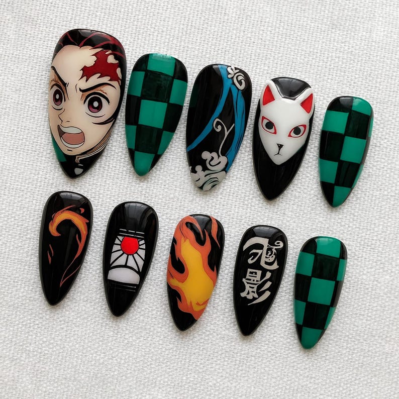 Demon Anime Press on Nails, Hand Painted Cartoon Nail Art, Custom Long ...