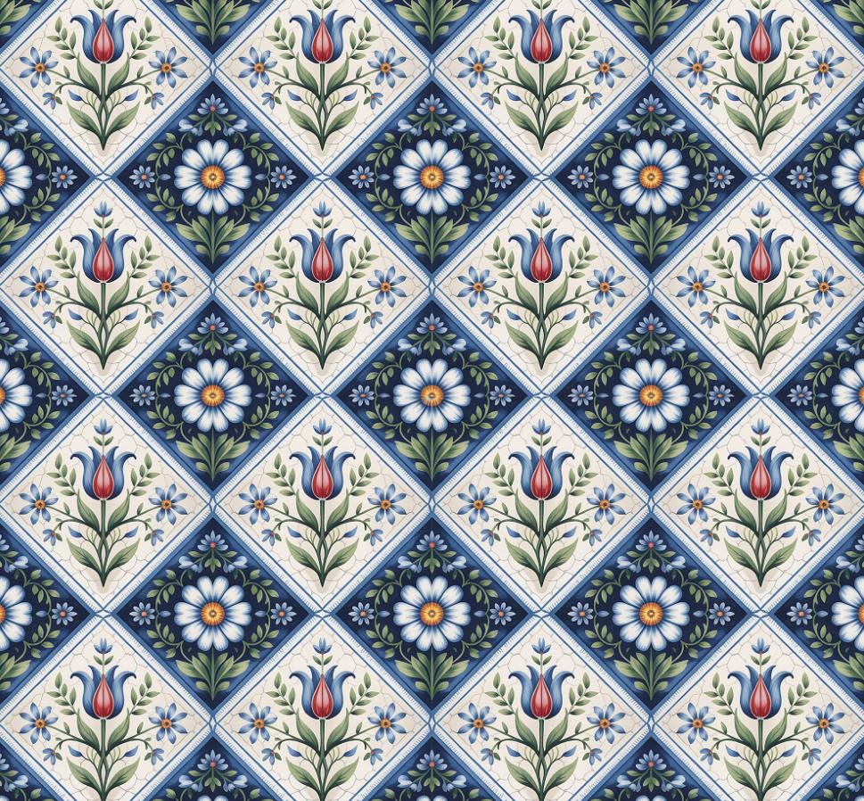 Blue-dutch-delft-tile Floral Pattern Cotton Fabric-buy by Half Yard ...