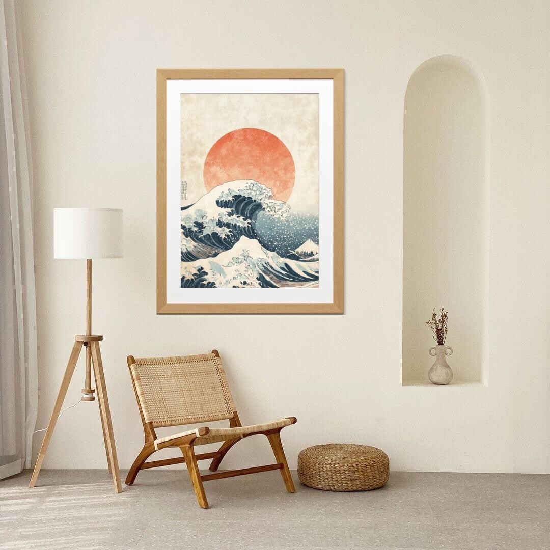 Hokusai Inspired Great Wave With Rising Sun – Japanese Wall Art ...
