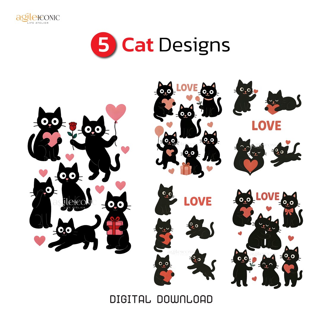 Black Cat Valentine PNG | Cute Love Cats Clipart | Kawaii Cat Stickers ...