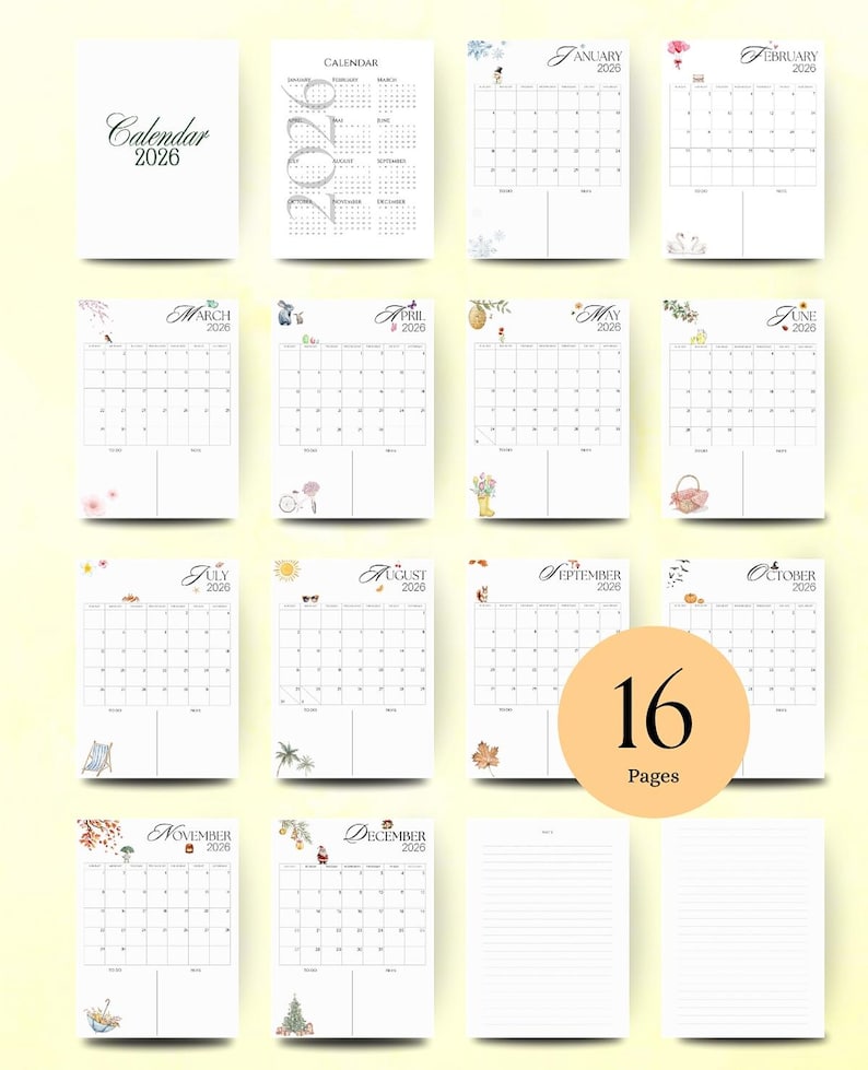 2026 Digital Calendar Yearly Overview Monthly Pages Printable Agenda ...