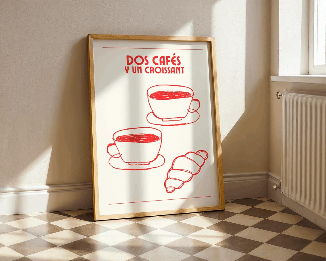 Dos Cafés Y Un Croissant Print – Spanish Kitchen Art – Cafe Wall Decor ...