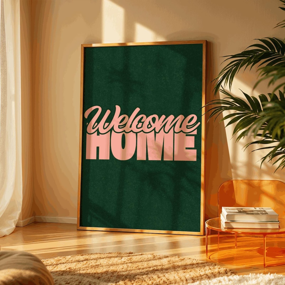 Welcome Home Wall Art Print – Modern Entryway Poster – Pink and Green ...