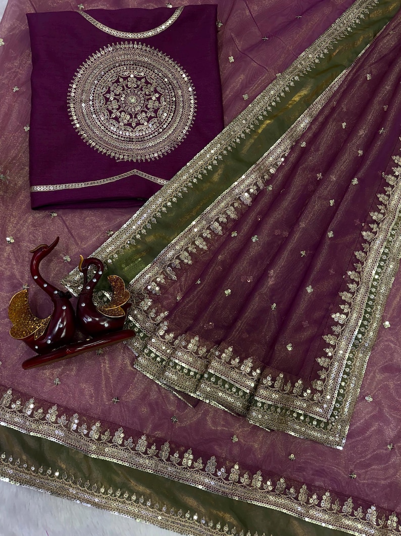 Elegant Sequins Embroidery Saree, Wine Purple Olive Green, Party ...