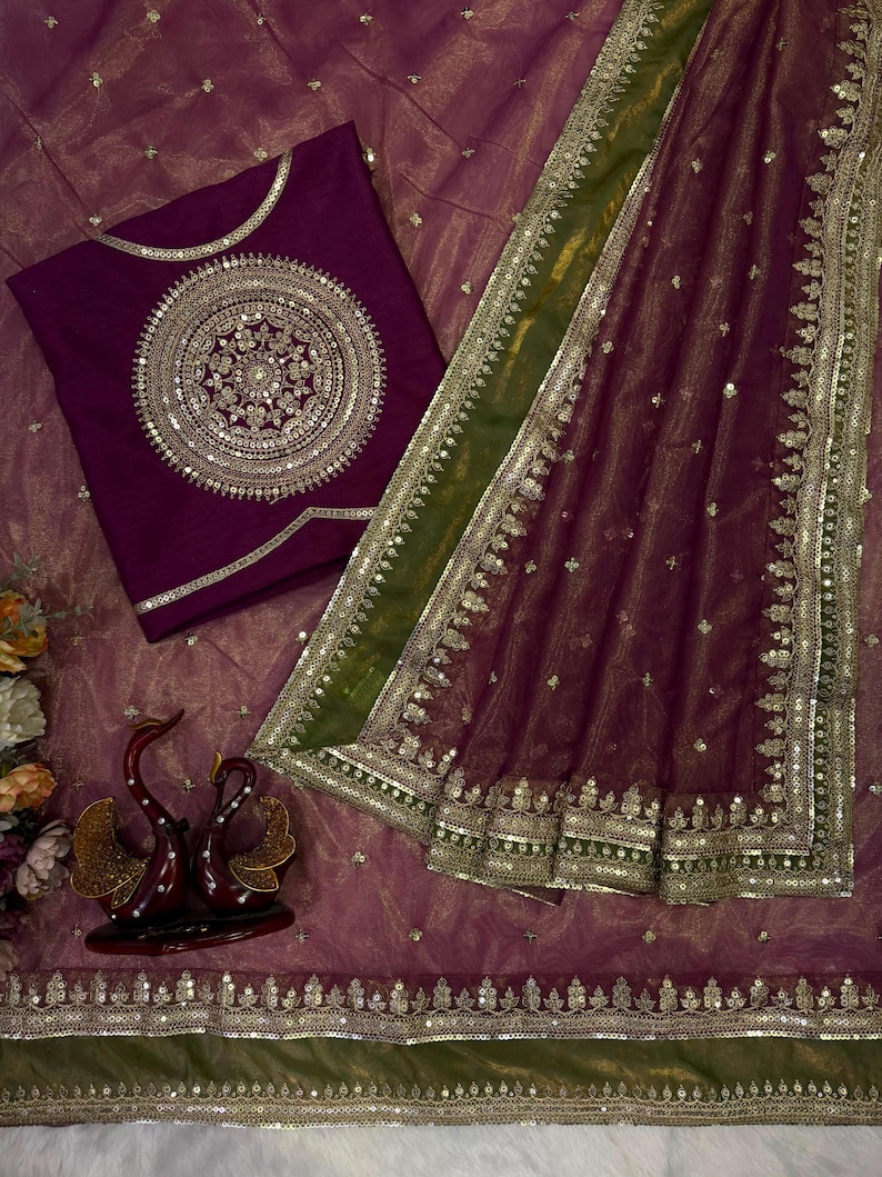 Elegant Sequins Embroidery Saree, Wine Purple Olive Green, Party ...