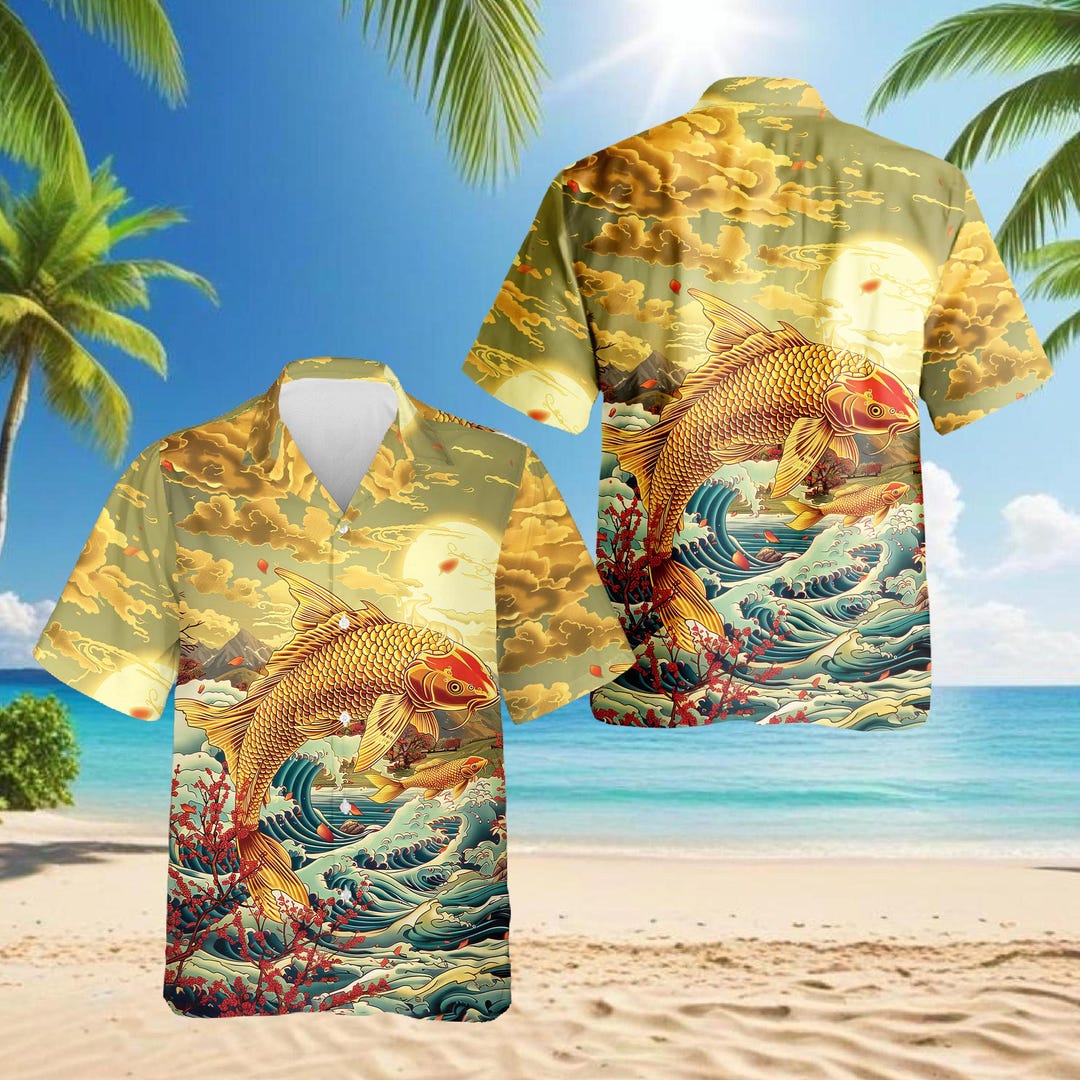 Koi Fish Hawaiian Shirt, Golden Koi Aloha Shirt, Japanese Art Hawaiian ...