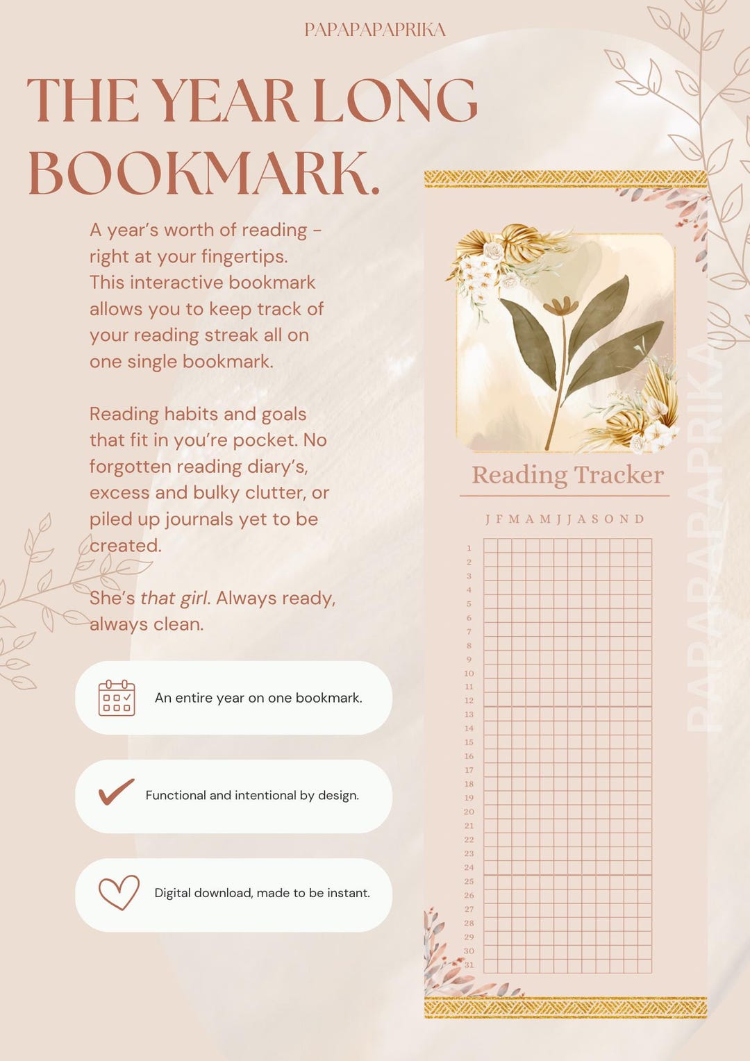 The Year Long Reading Tracker Bookmark Digital Downloadable Product ...