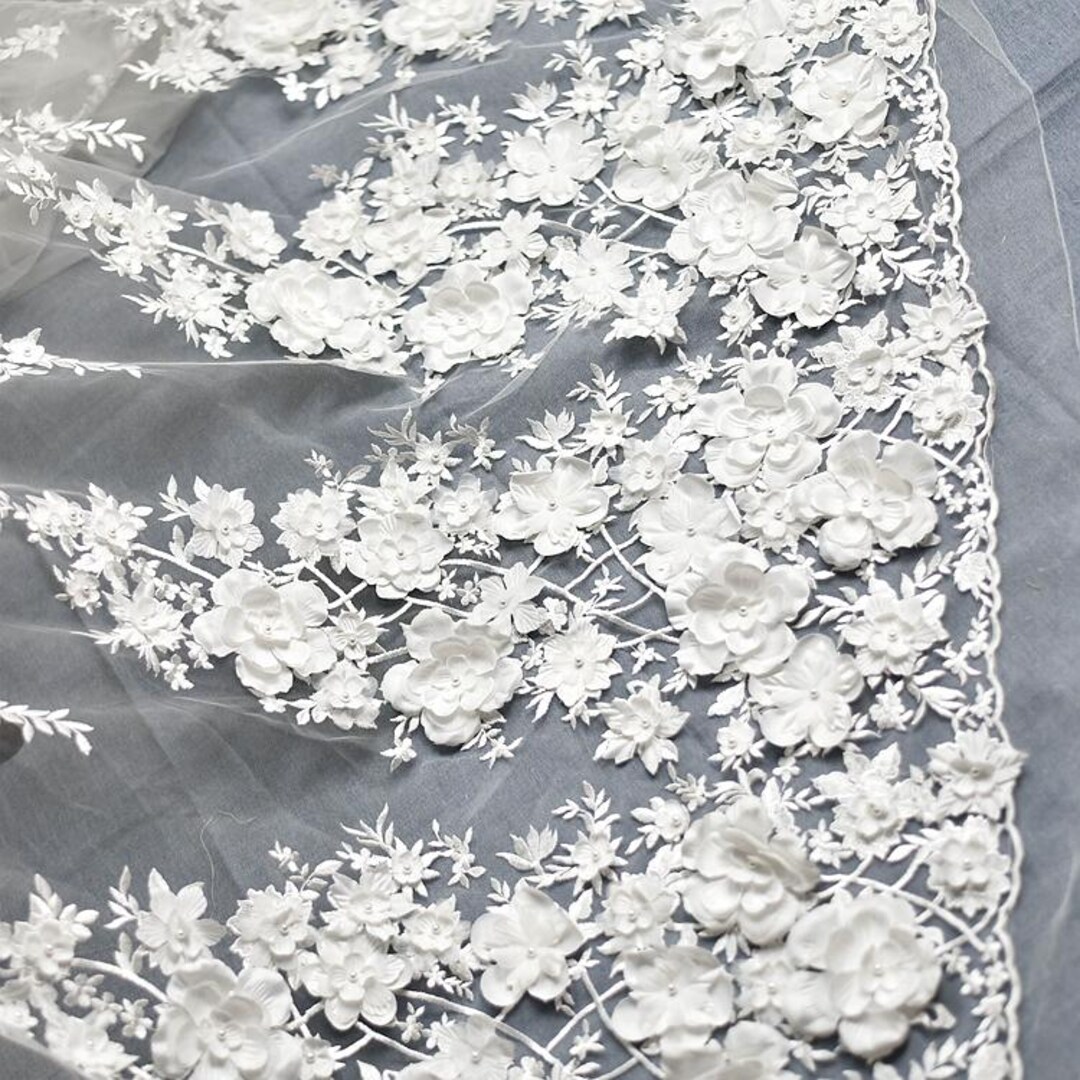 3D Flower Bead Pearl Ivory Tulle Lace Fabric Embroidered Bilateral ...