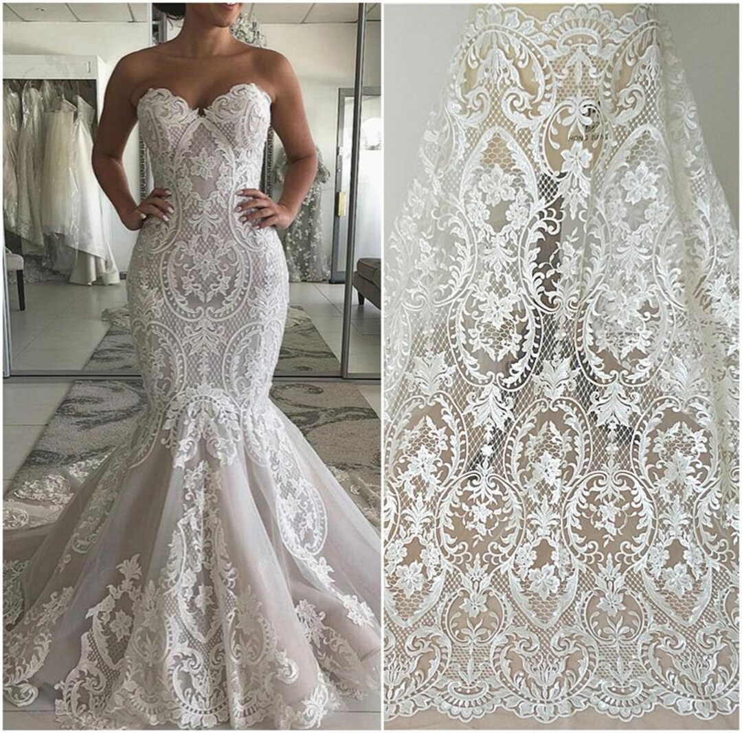 Off White Leaf Embroidery Beaded Pearl Sequin Lace Fabric for Bridal ...