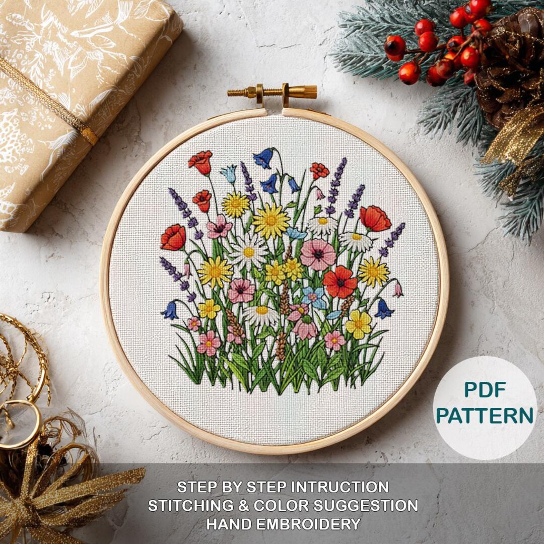 Wildflower Hand Embroidery Pattern, Template for Beginner Step-by-step ...