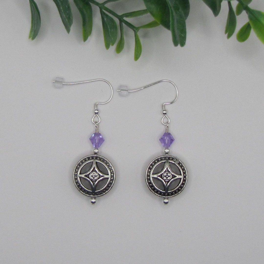 Four Point Star in Circle With Violet Crystals on Sterling Silver Ear ...