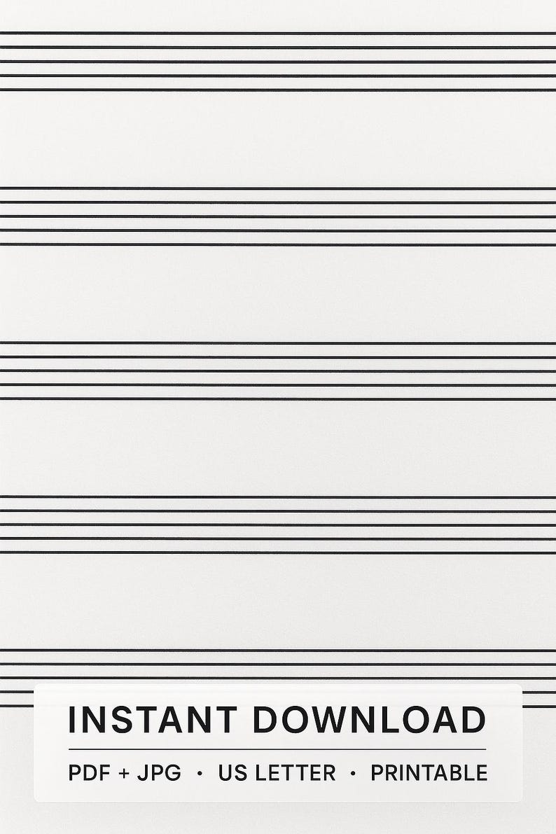 Printable Music Staff Paper: 12-page Composition Notebook (PDF + JPG ...