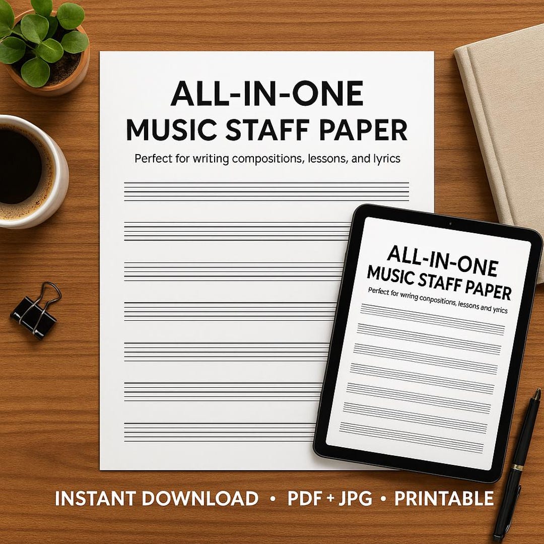 Printable Music Staff Paper: 12-page Composition Notebook (PDF + JPG ...