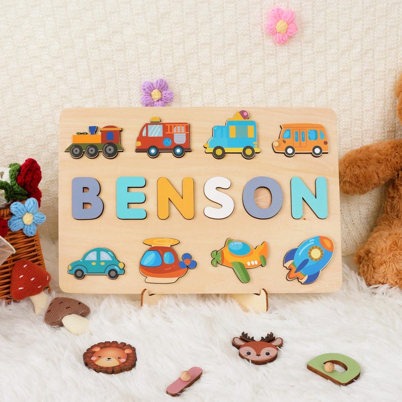 Personalized Wooden Name Puzzle With Cars, Trucks, Planes: Montessori ...