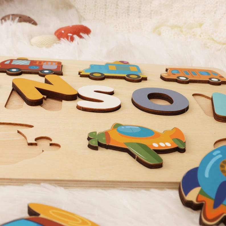 Personalized Wooden Name Puzzle With Cars, Trucks, Planes: Montessori ...