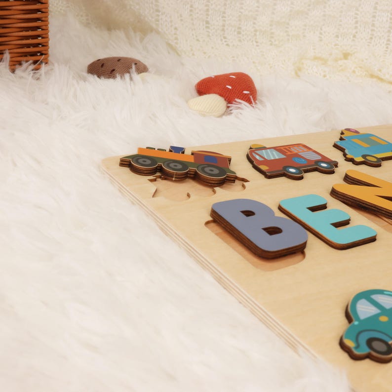 Personalized Wooden Name Puzzle With Cars, Trucks, Planes: Montessori ...