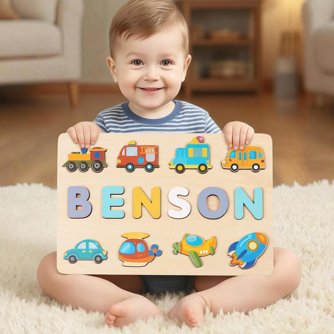 Personalized Wooden Name Puzzle With Cars, Trucks, Planes: Montessori ...
