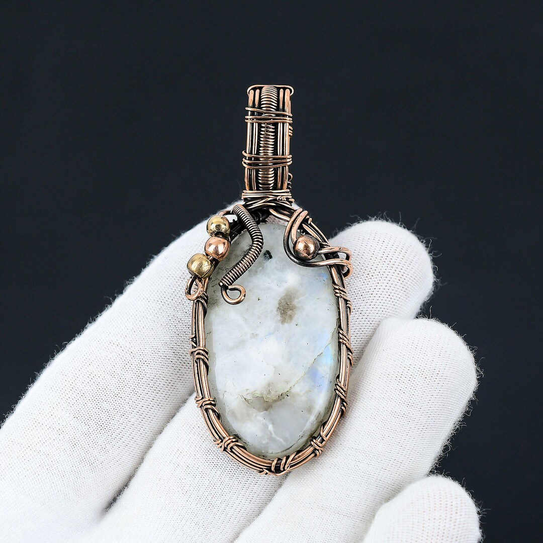Handmade Copper Wire Wrapped Rainbow Moonstone Pendant | Healing ...