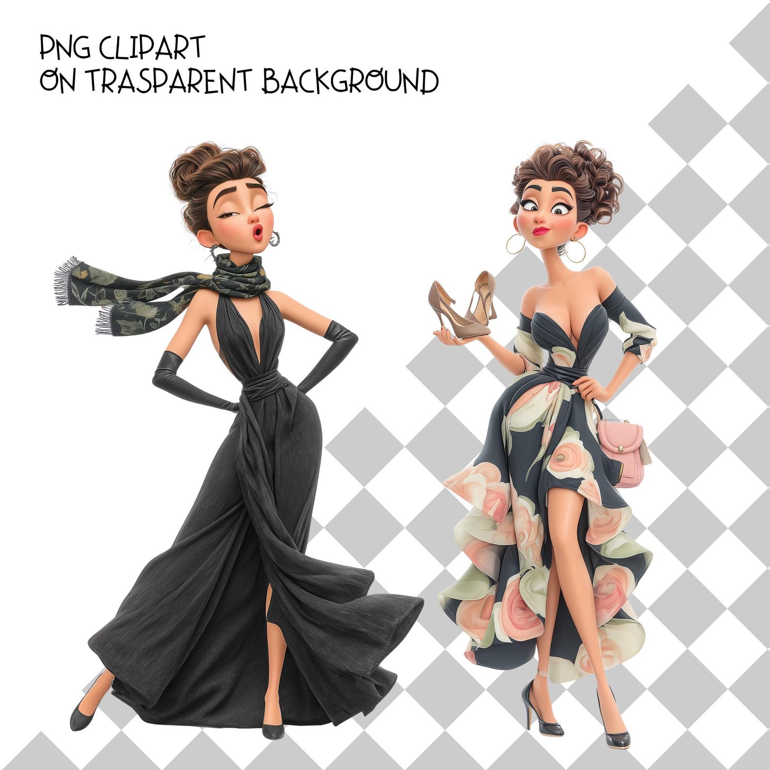 Elegant Quirky Glam Clipart, Stylish Women Gala Fashion Digital ...