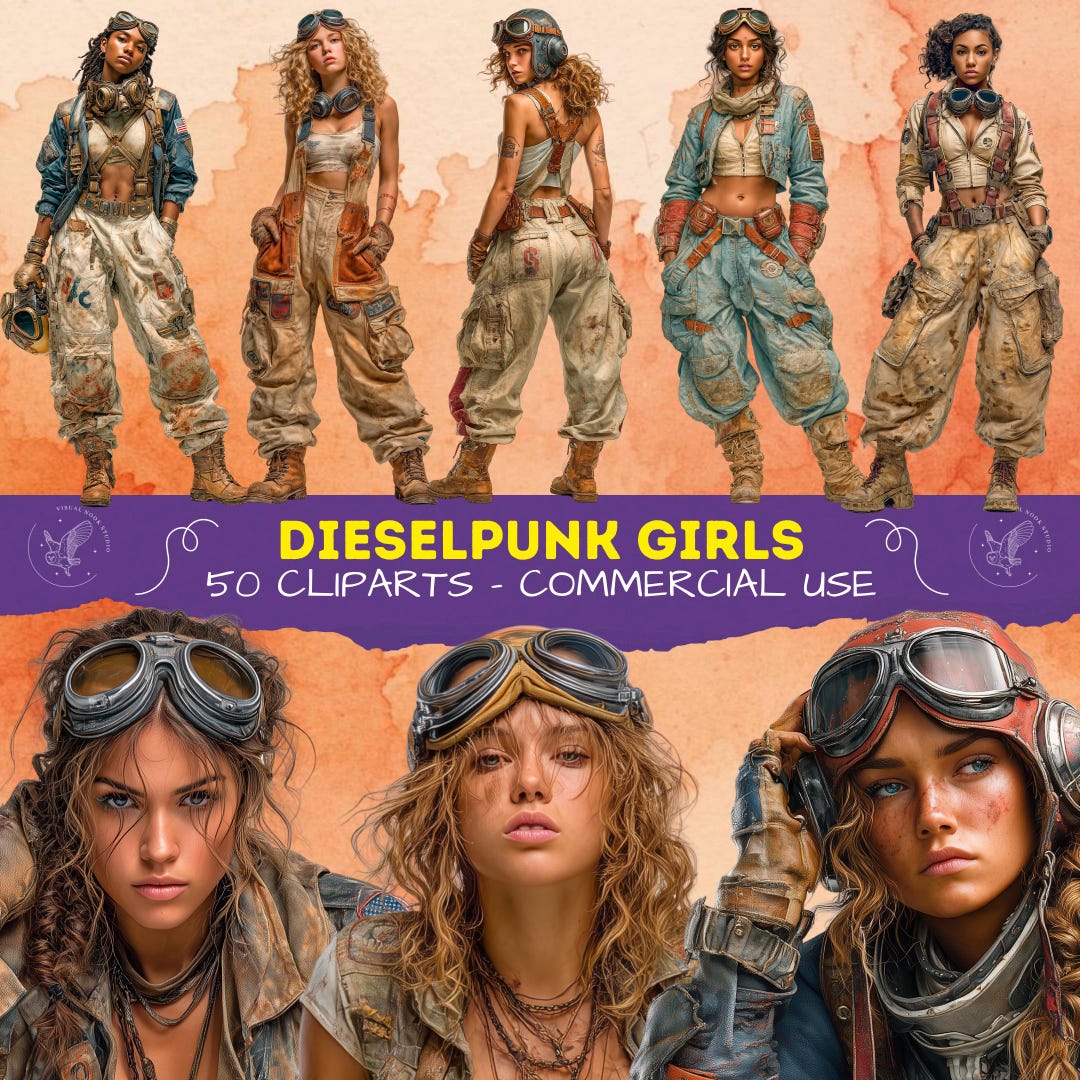 Dieselpunk Girls Clipart Set, Retro Industrial Female Characters, 1920s ...