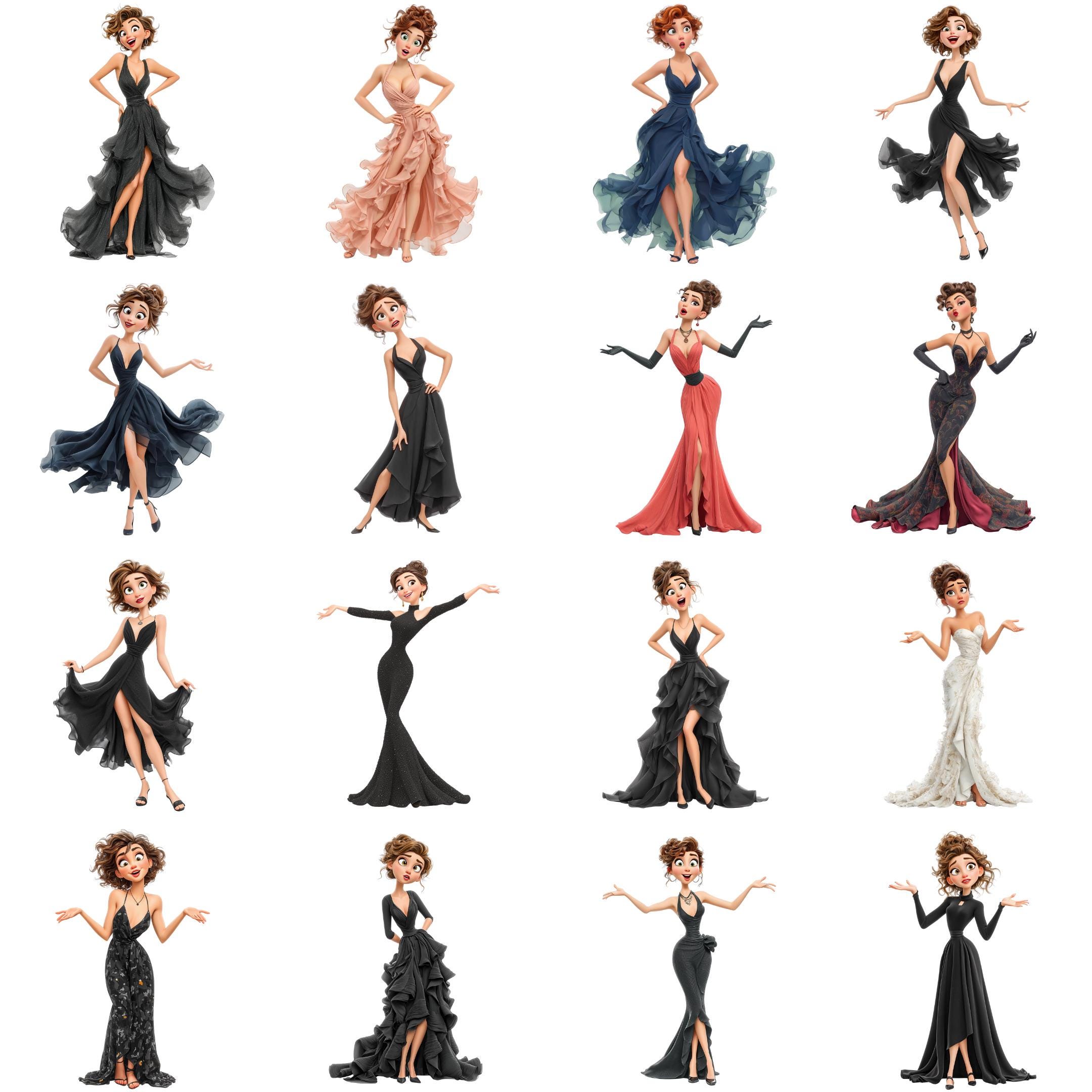Elegant Quirky Glam Clipart, Stylish Women Gala Fashion Digital ...