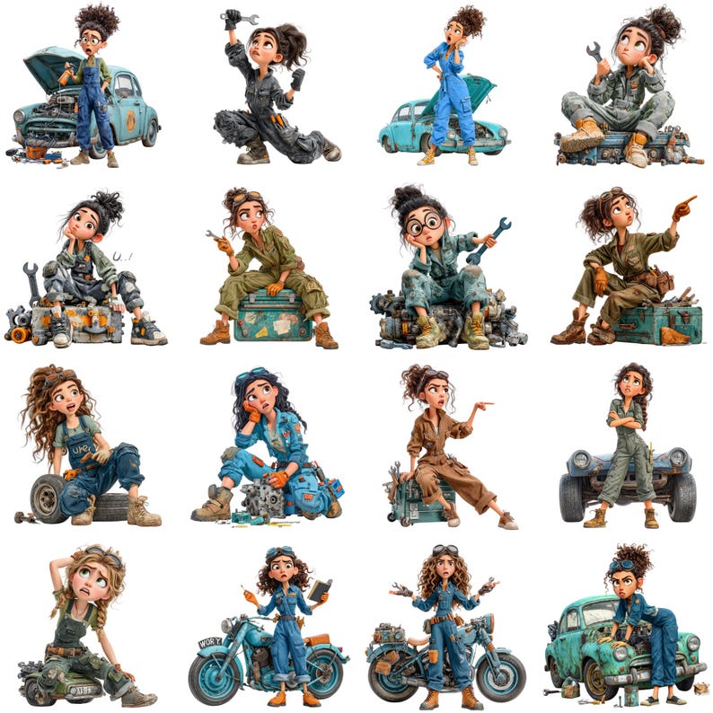 Funny Women Mechanics Clipart, Cute Cartoon Female Car Repair & Garage ...
