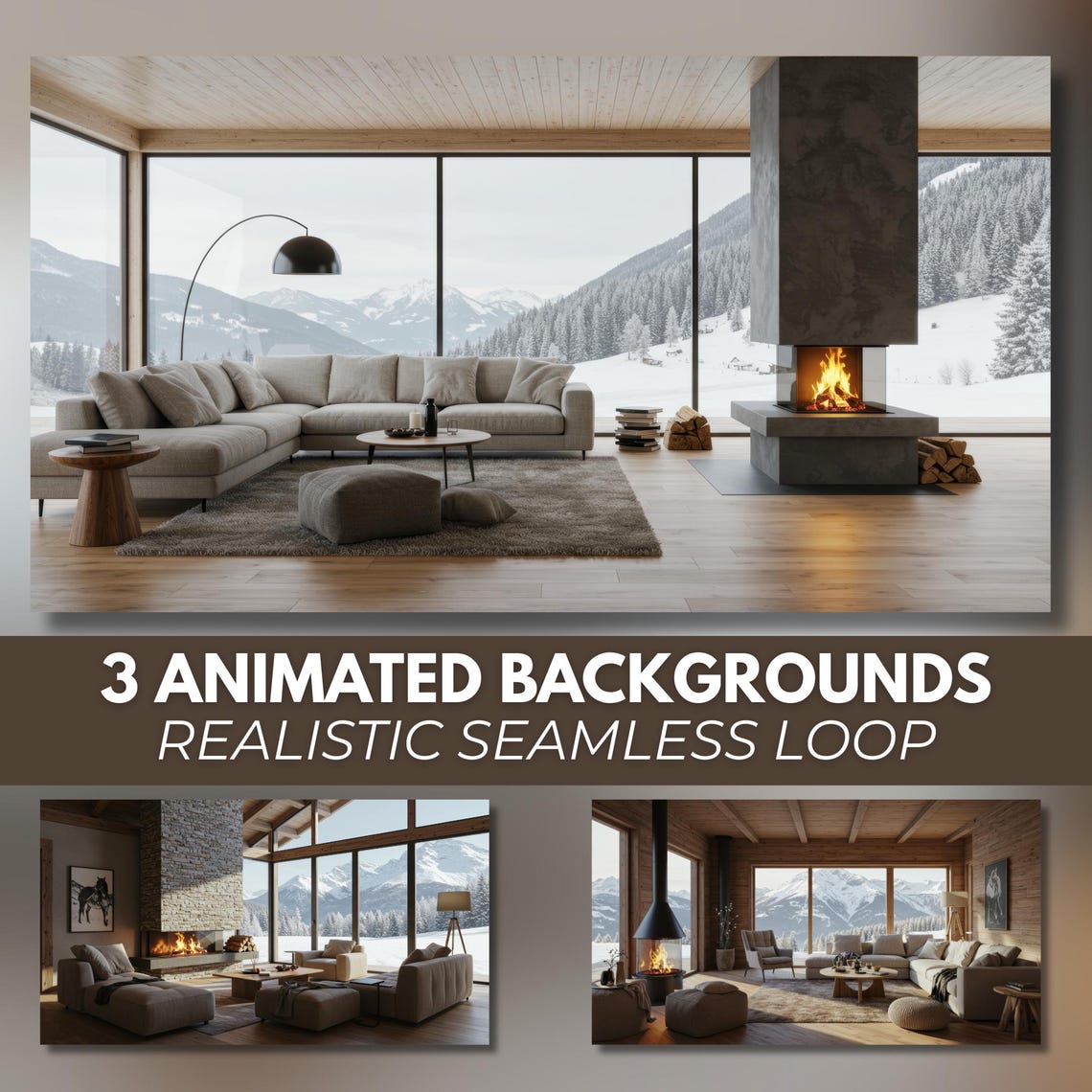3 Animated Backgrounds, Luxury Mountains Living Room, Seamless Looping ...