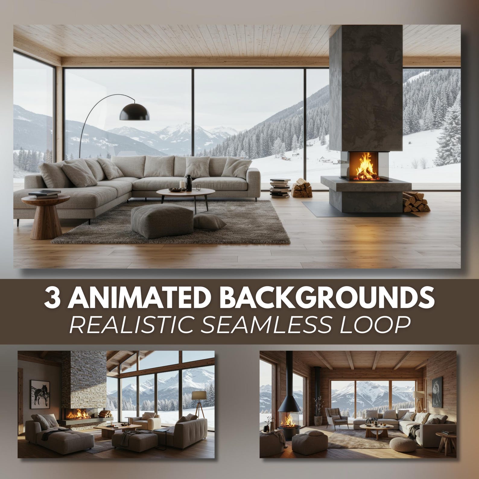 3 Animated Backgrounds, Luxury Mountains Living Room, Seamless Looping ...