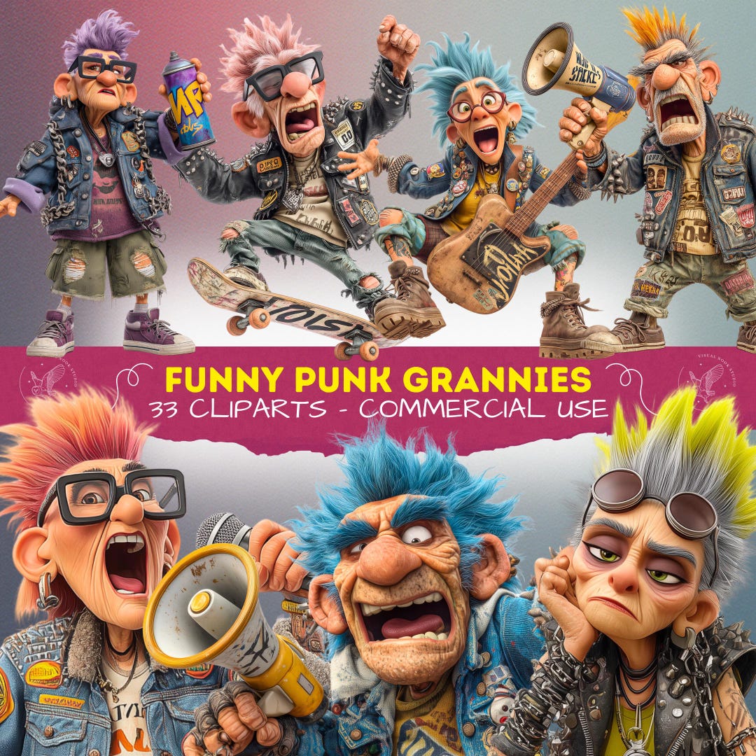 Funny Punk Seniors Cliparts, Wild Elderly Punk Rock Characters, Quirky ...