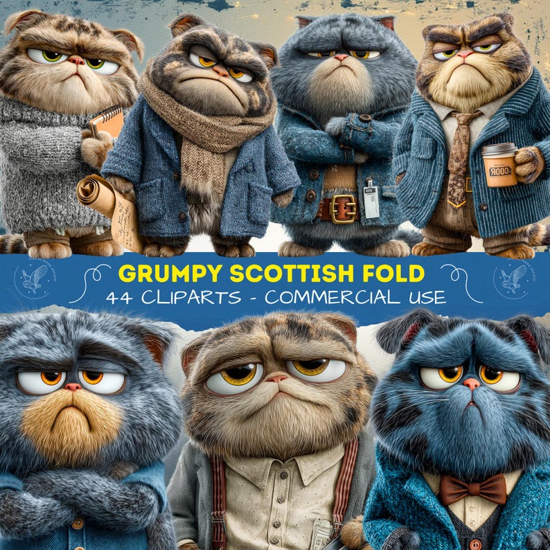 Grumpy Scottish Fold Cats Clipart, Cute Annoyed Cat Expressions, Funny ...