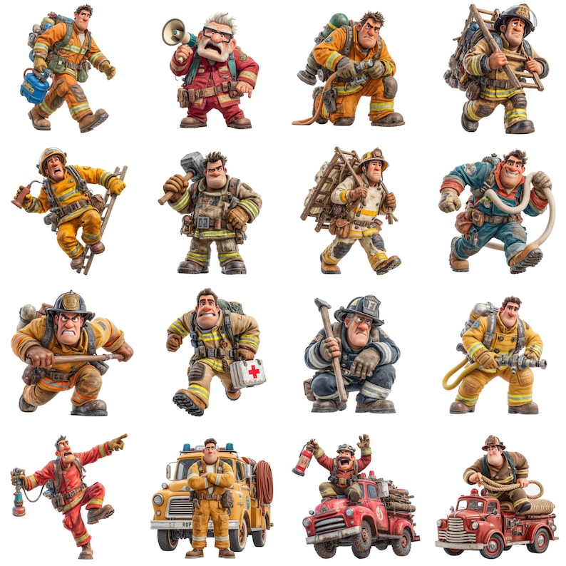 32 Funny Firefighters Clipart Set, Cute Cartoon Firemen, Community ...