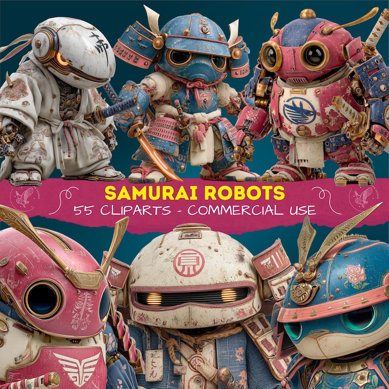 55 Robot Samurai Clipart Set - Futuristic Cyber Samurai PNG - AI Robot ...