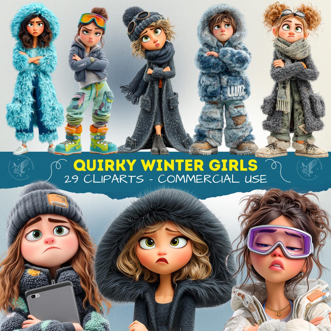 29 Quirky Winter Girls Clipart, Cute Cold Weather Characters PNG, Funny ...